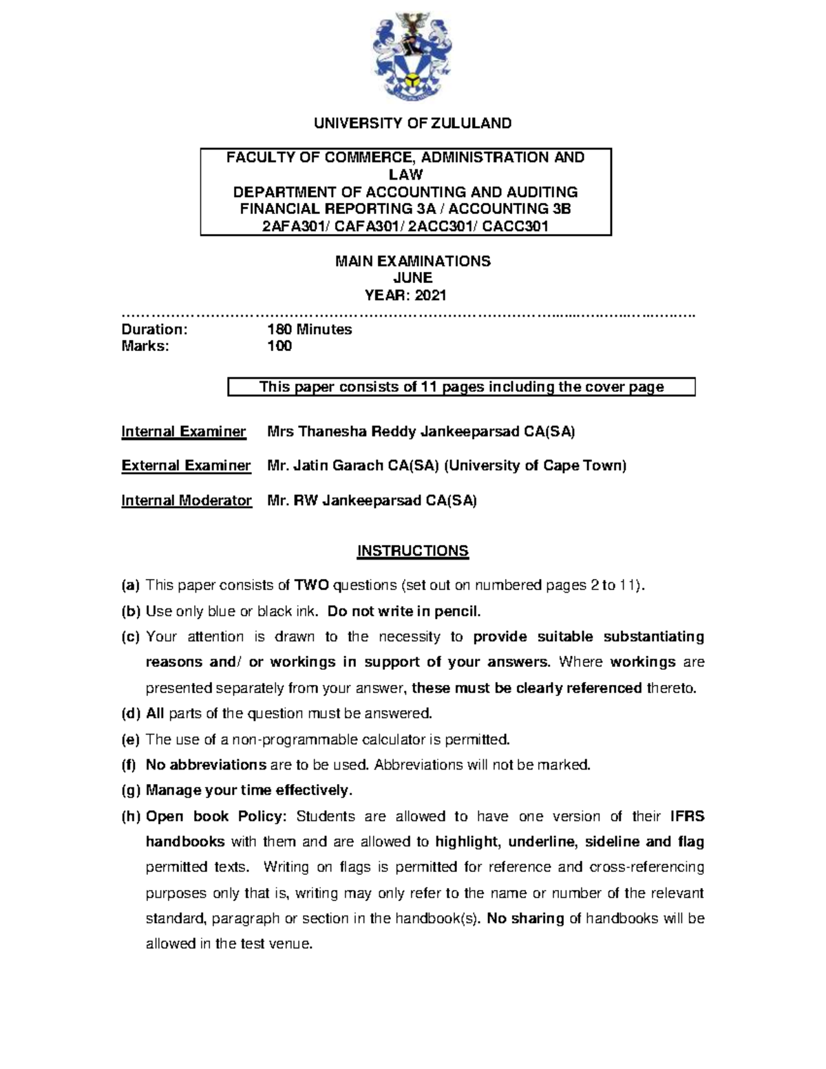 Financial Reporting 3A Accounting 3A Main Exam June 2021 - UNIVERSITY ...