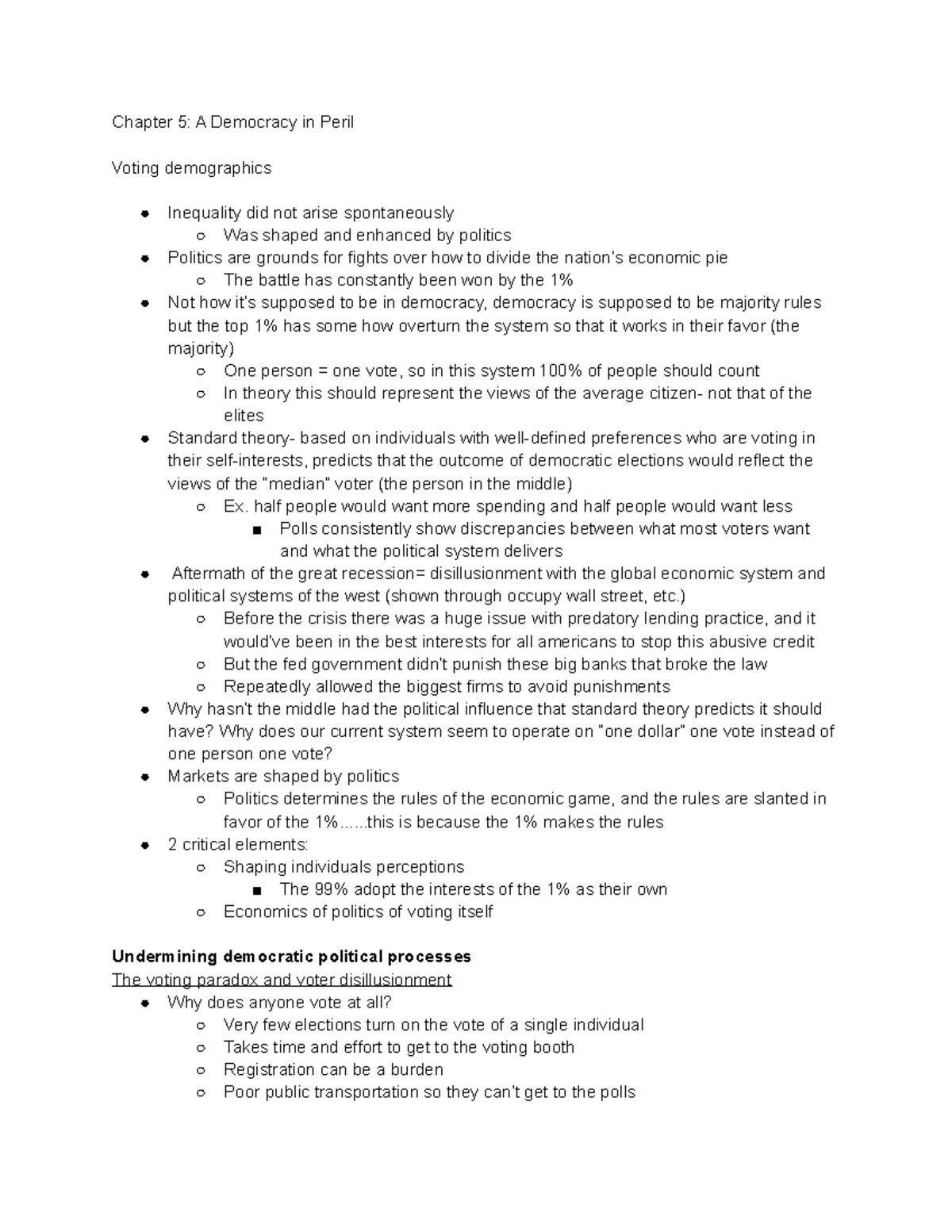 Stiglitz Chapter 5 Notes - Chapter 5: A Democracy in Peril Voting ...