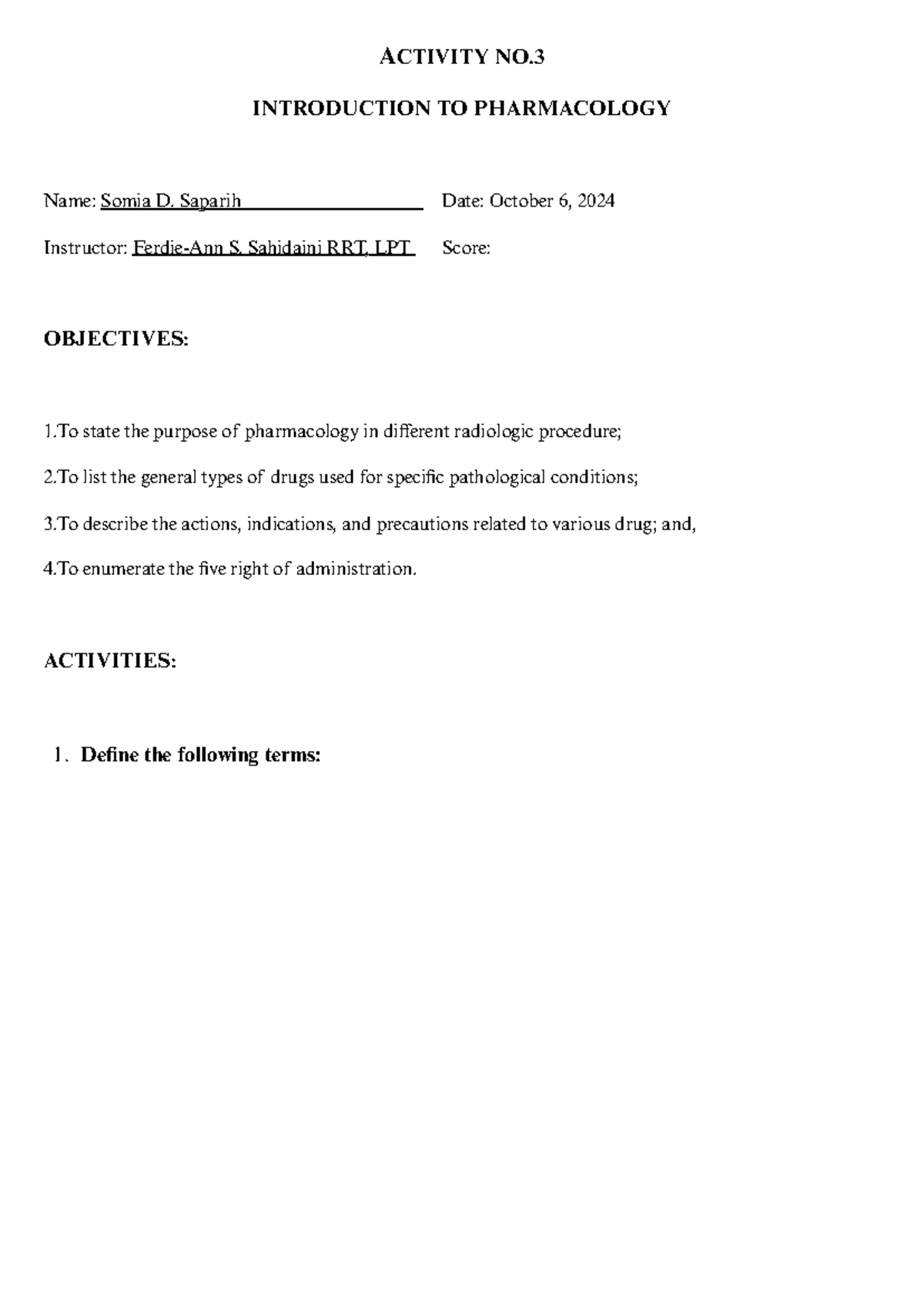ACT. 1-6 Radcon - Study - ACTIVITY NO. INTRODUCTION TO PHARMACOLOGY ...