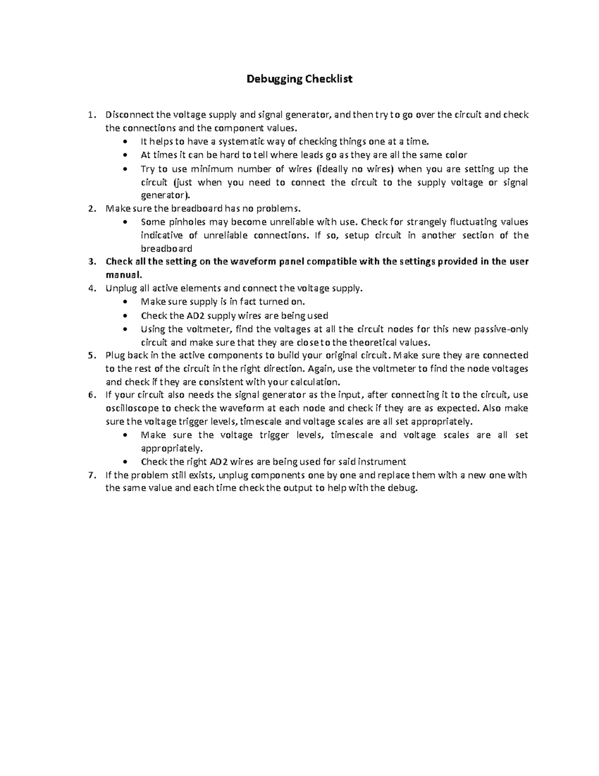 Debugging Check List modified - Debugging Checklist Disconnect the ...