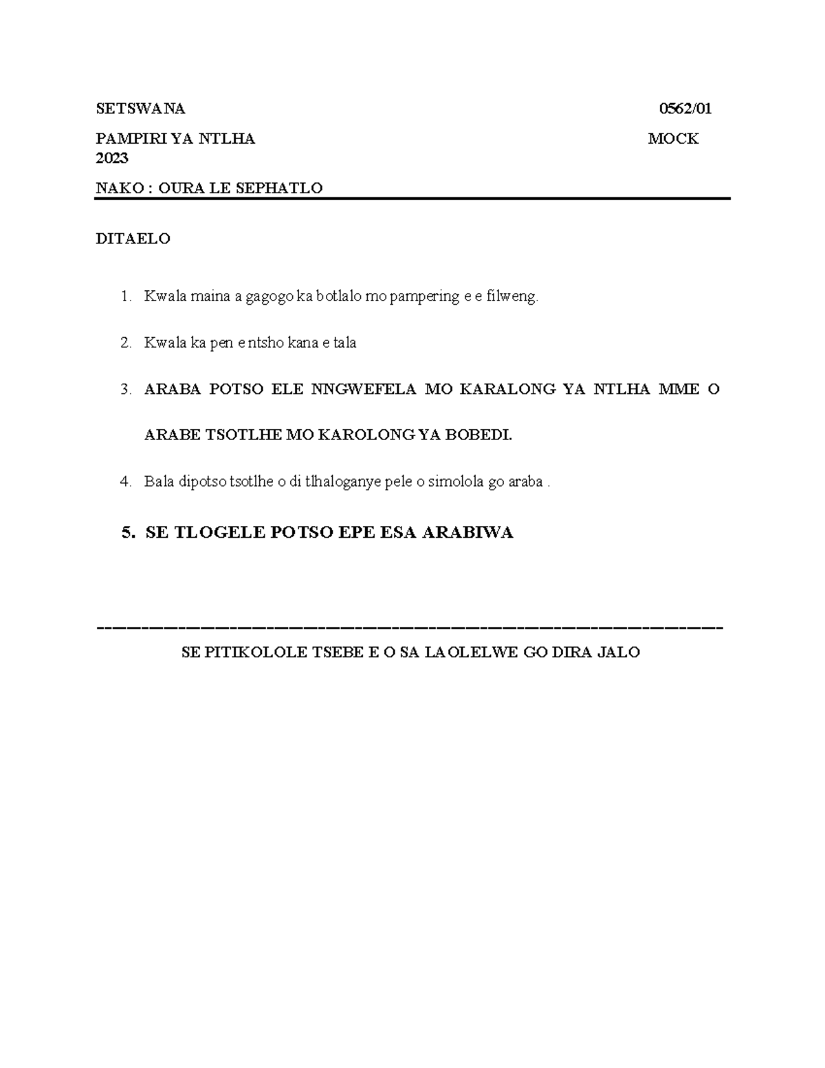 Bgcse Setswana Paper 1 - SETSWANA 0562/ PAMPIRI YA NTLHA MOCK 2023 NAKO ...