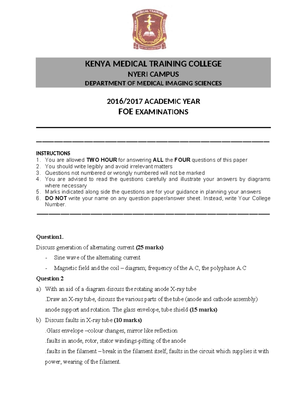 FQE IET 2017 exam - KENYA MEDICAL TRAINING COLLEGE NYERI CAMPUS ...