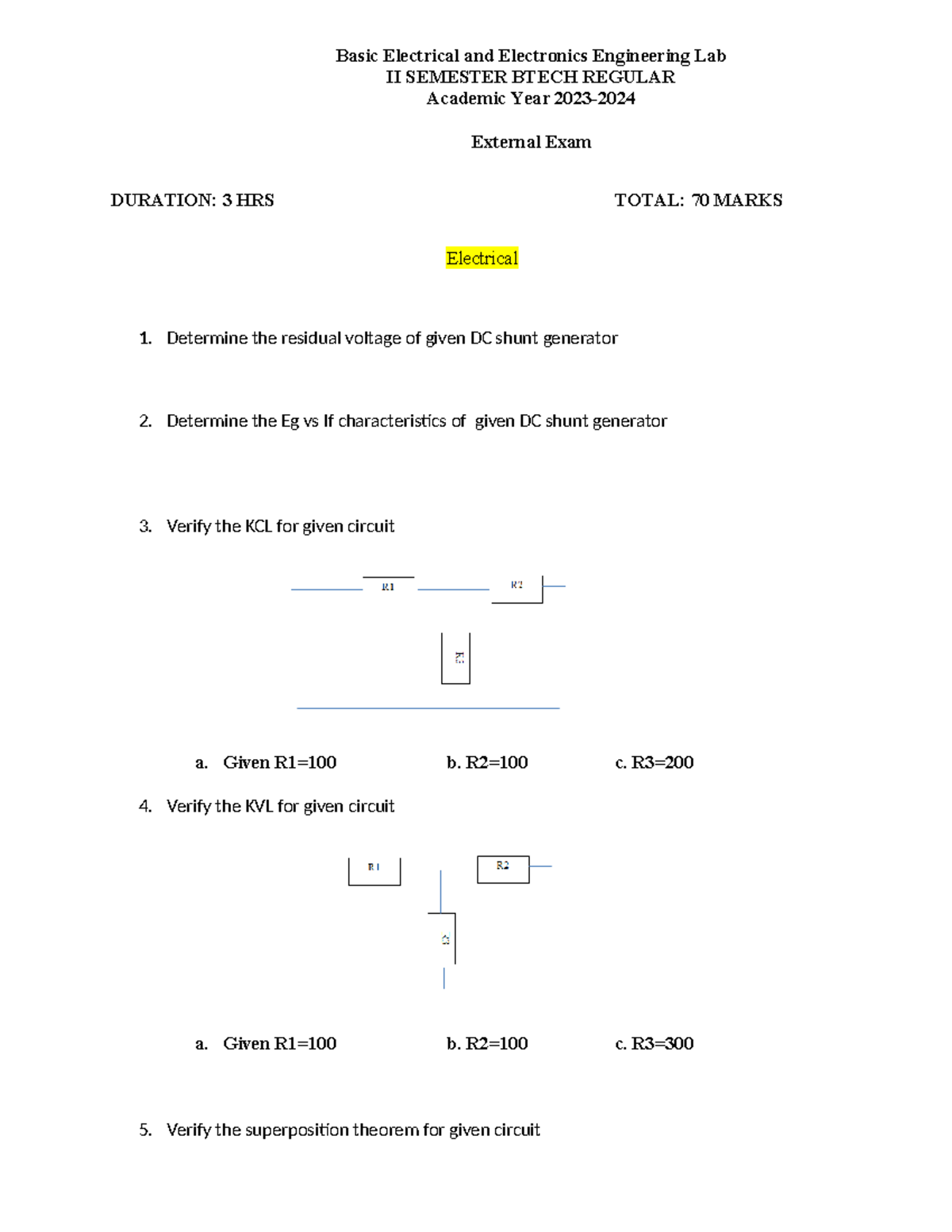 BEE LAB 2024 Final - Basic Electrical and Electronics Engineering Lab II SEMESTER BTECH REGULAR ...