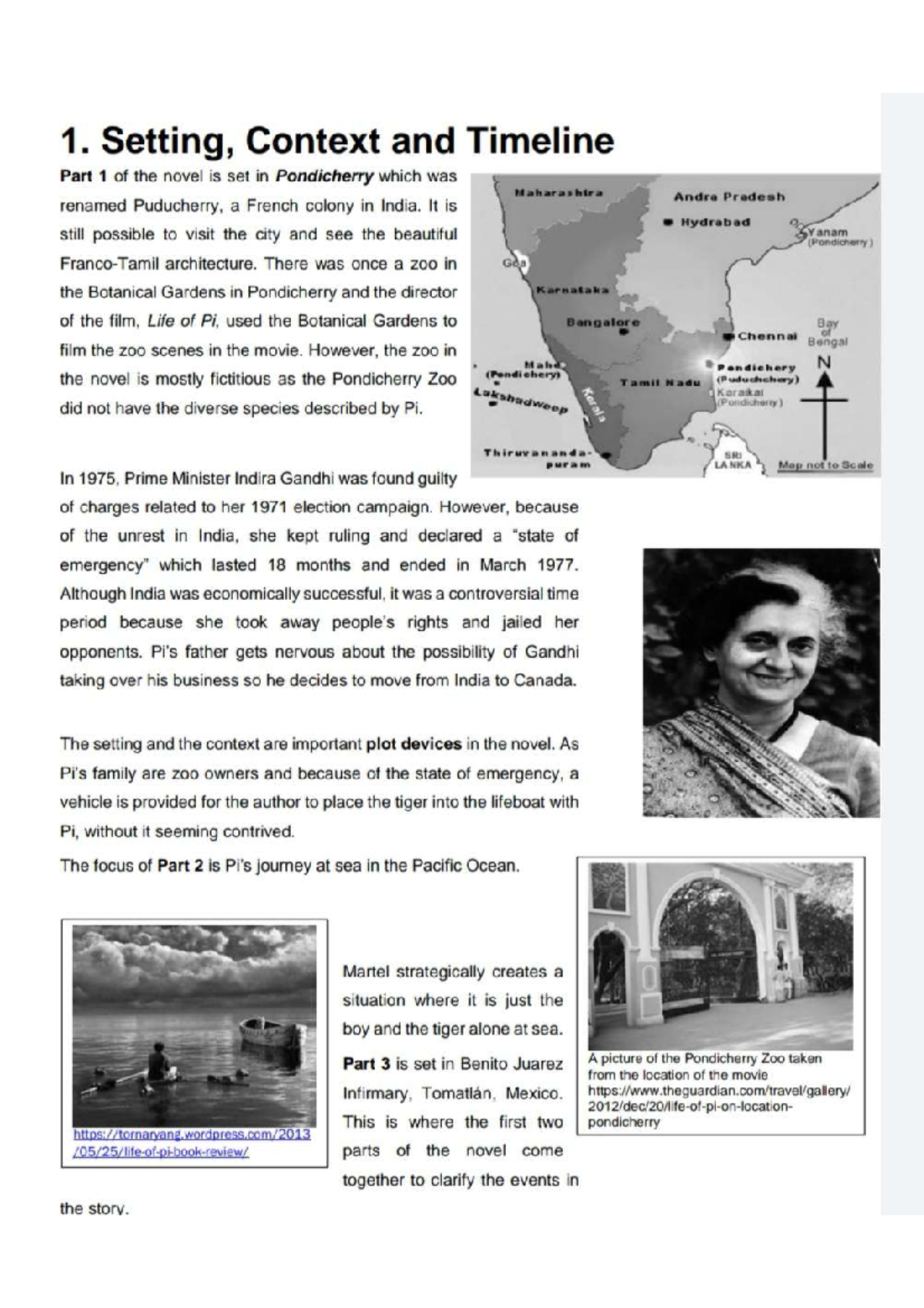 Life of Pi Timeline - 1. Setting, Context and Timeline Part 1 of the ...