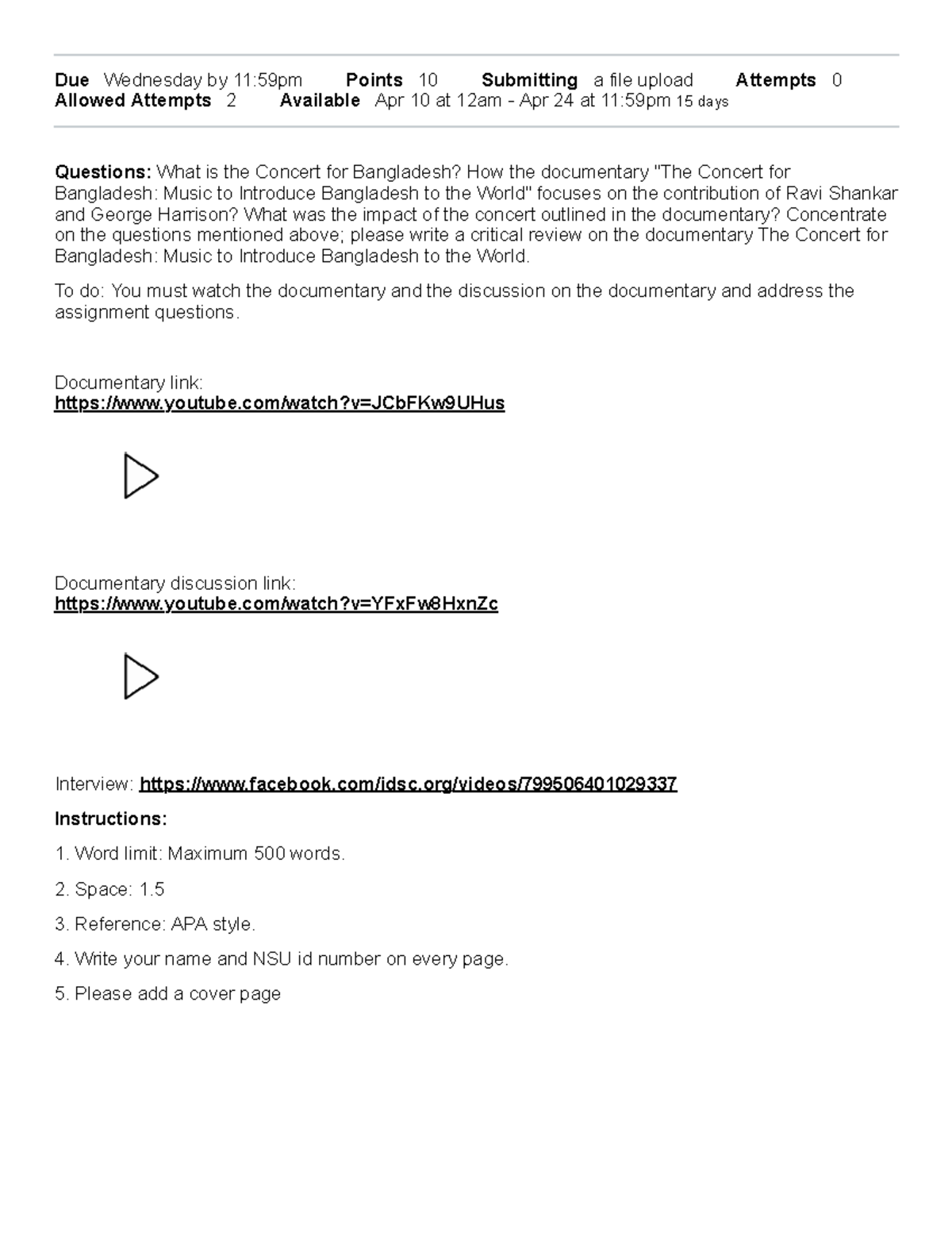 Assignment 1 Documentary review - Due Wednesday by 11:59pm Points 10 ...