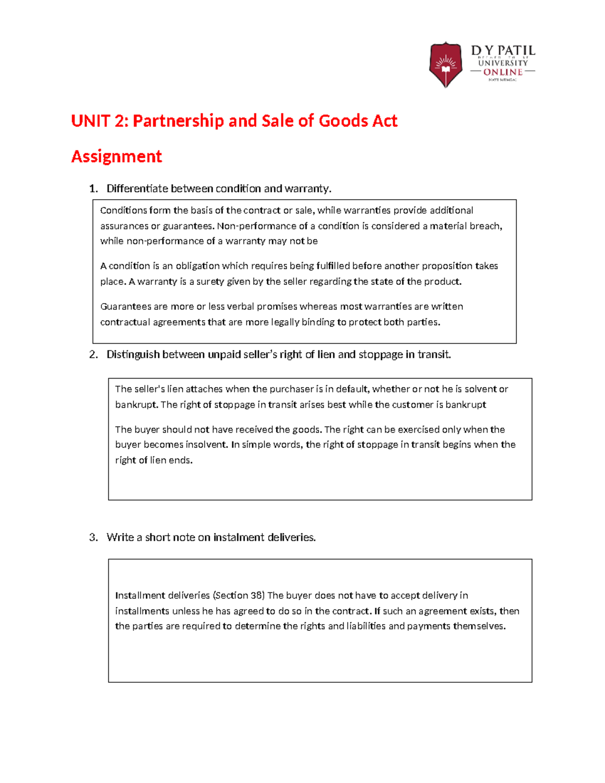 Assignment - Unit 2 - Mandatory Assigments sem 3 Subj 1 - UNIT 2: Partnership and Sale of Goods ...