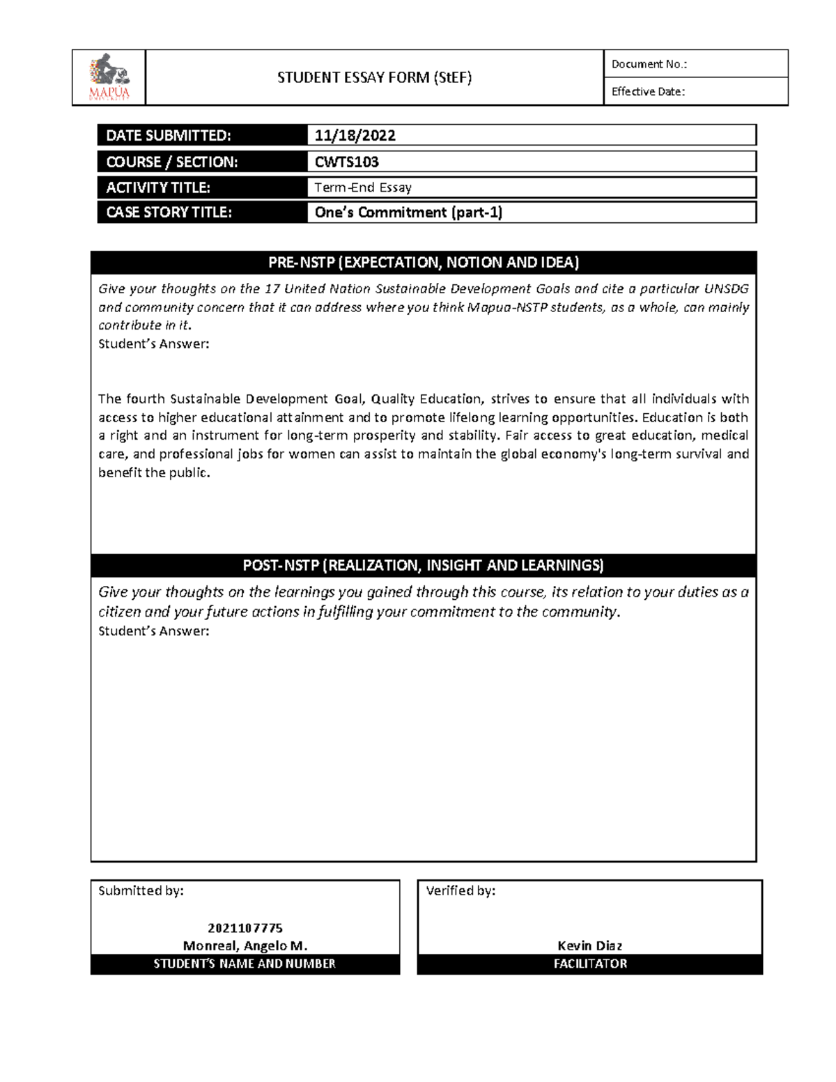 Form - CWTS103 Term-end Essay part1 - STUDENT ESSAY FORM (StEF) Document No.: Effective Date ...