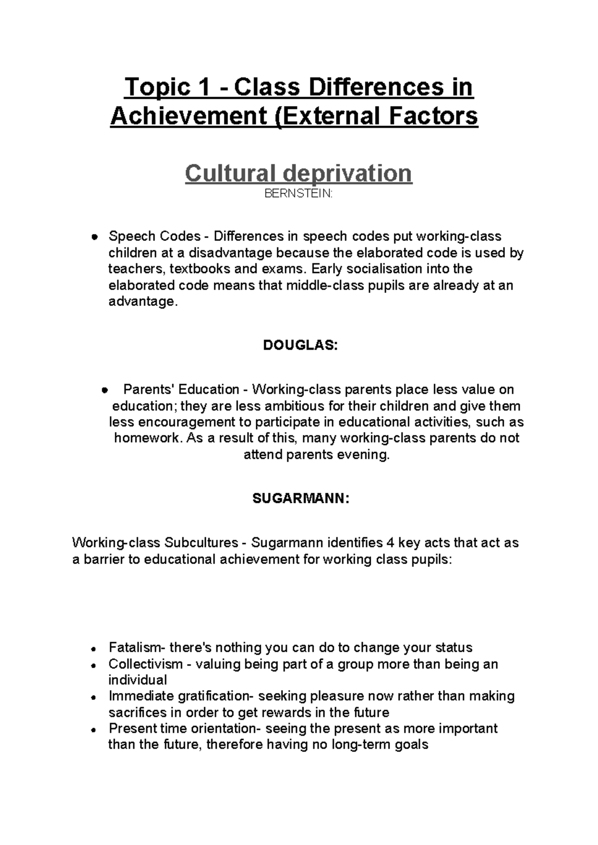 Education notes - Topic 1 - Class Differences in Achievement (External ...