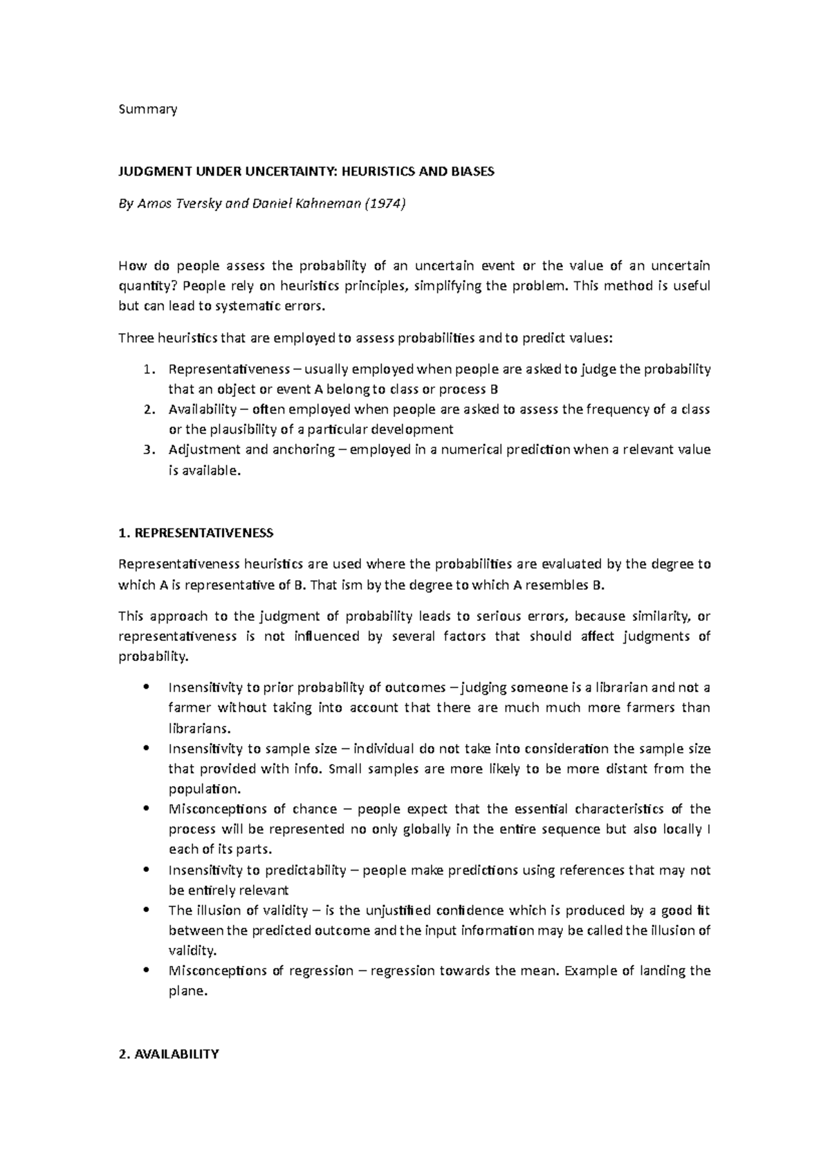 Article Summary Tversky Kahneman 1974Science - Wk1 - Summary JUDGMENT ...