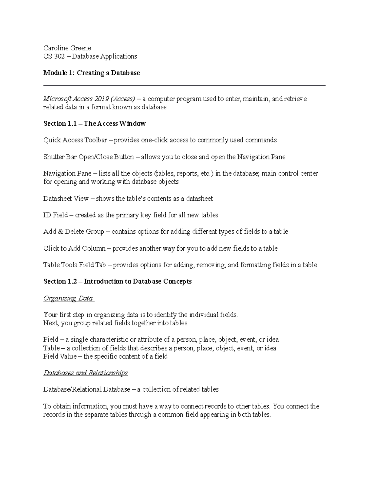 CS 302 Access Module 1 Notes - Caroline Greene CS 302 – Database ...