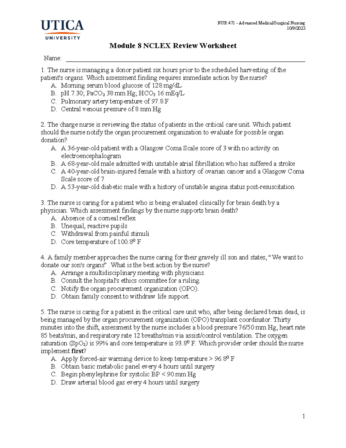 Module 8 Nclex Review Worksheet - 10/9/ Module 8 NCLEX Review Worksheet ...