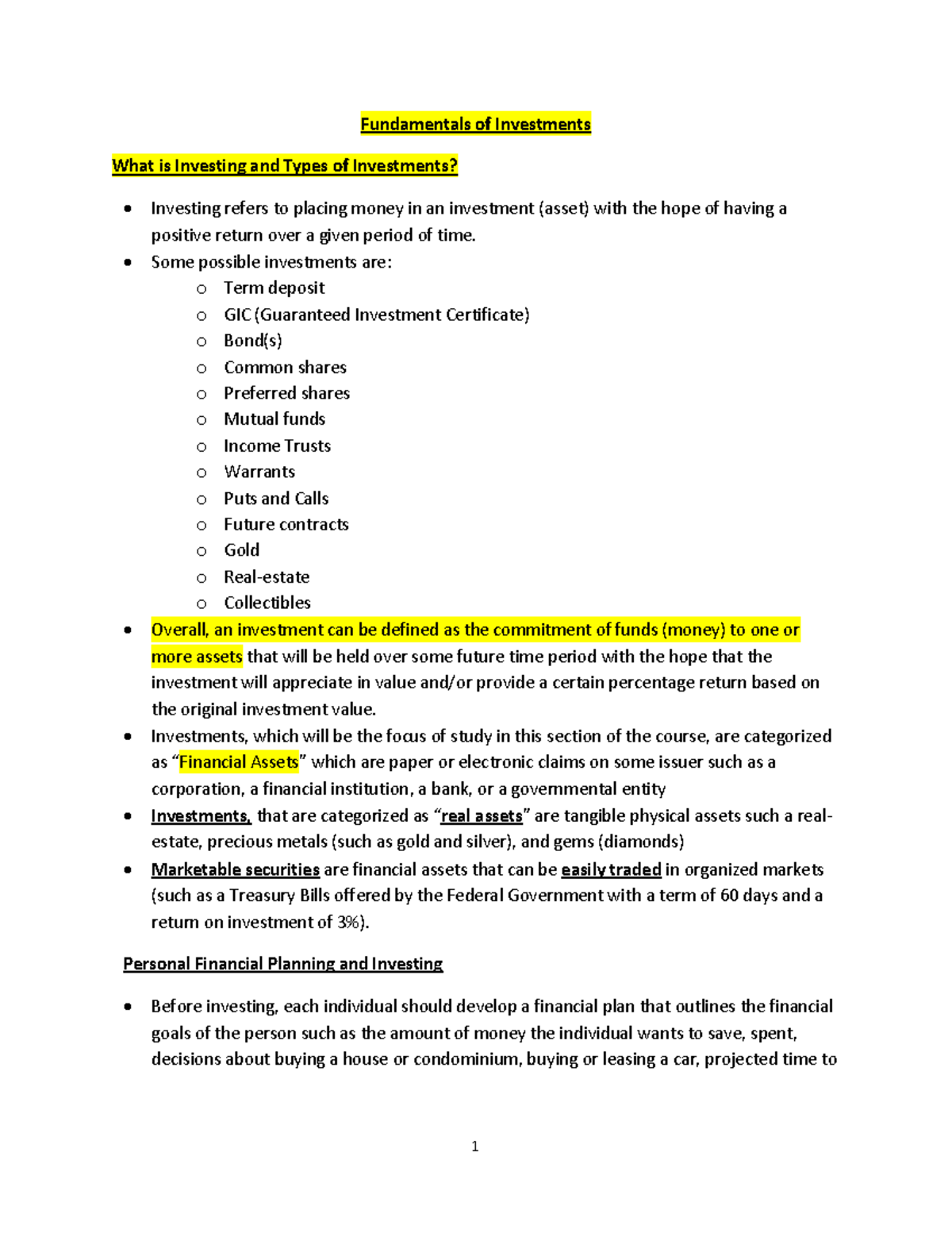 Fundamentals of Investments - Some possible investments are: o Term ...