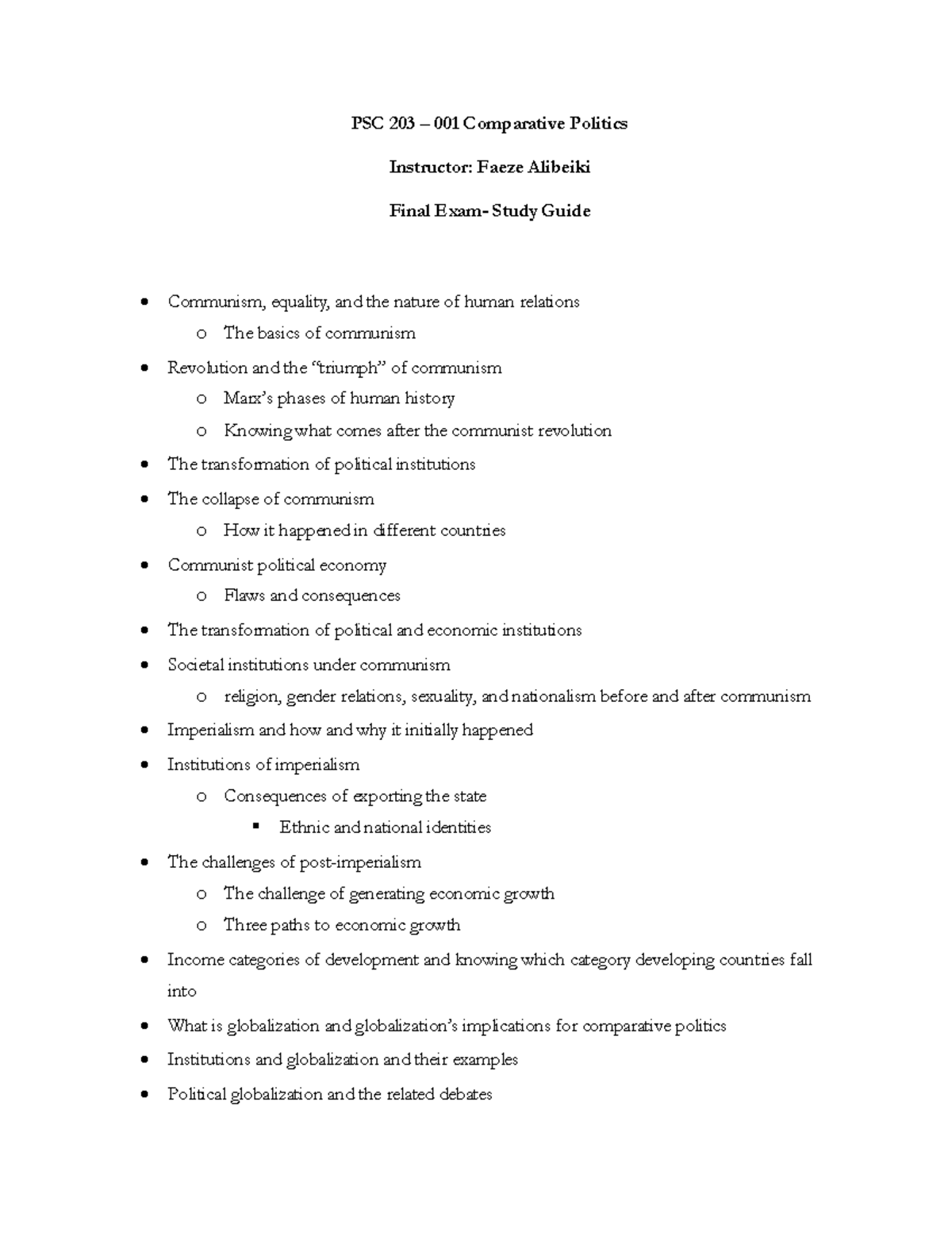 Final Exam study guide - PSC 203 – 001 Comparative Politics Instructor ...