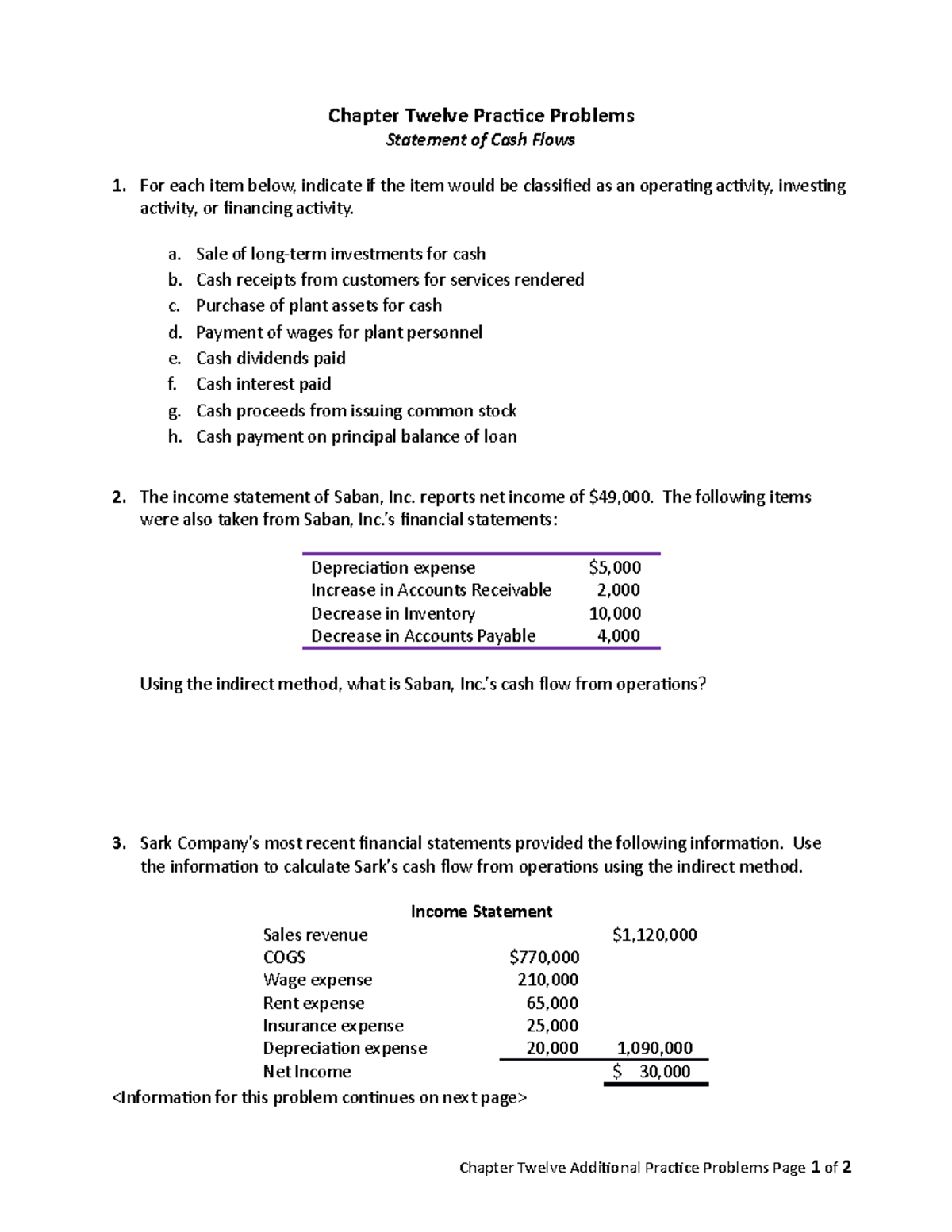 Chapter Twelve Additional Practice Problems - Updated - Chapter Twelve ...