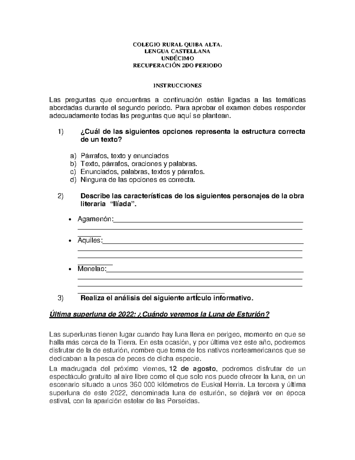 11º recuperaci Ón 2do Periodo - COLEGIO RURAL QUIBA ALTA. LENGUA CASTELLANA UND.. RECUPERACI”N ...