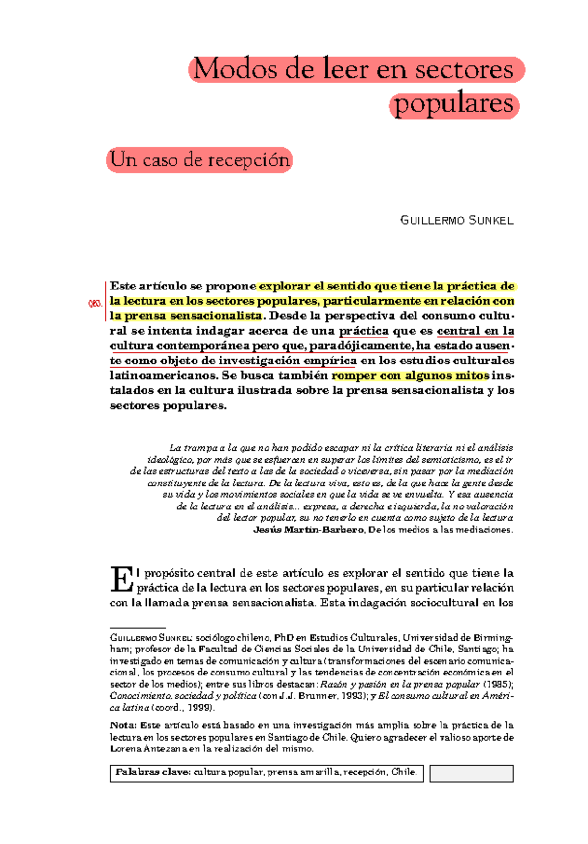 Sunkel subrayado - Modos de leer en sectores populares Guillermo Sunkel ...