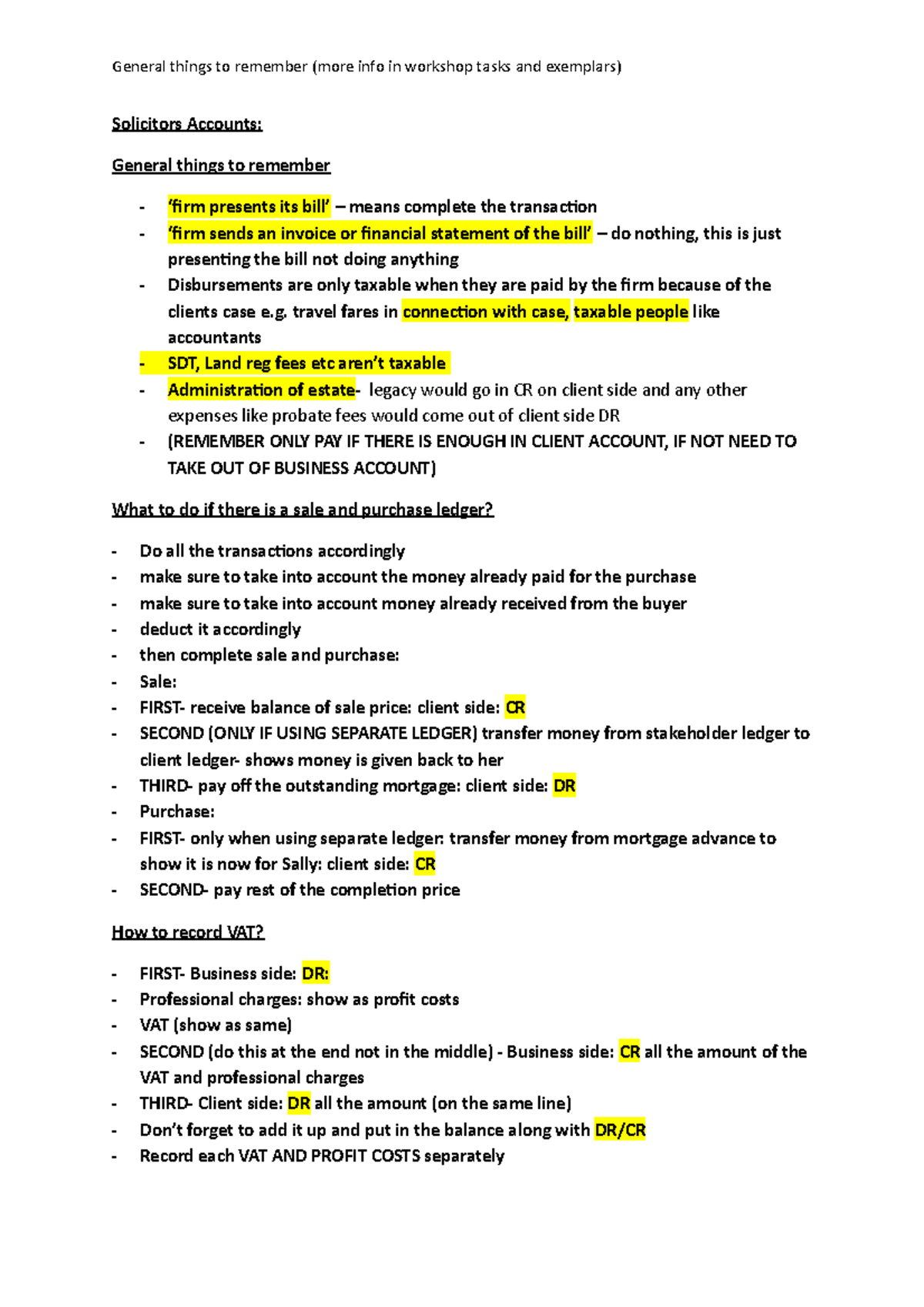 Solicitors Accounts - just brief notes - refer to exemplars too ...