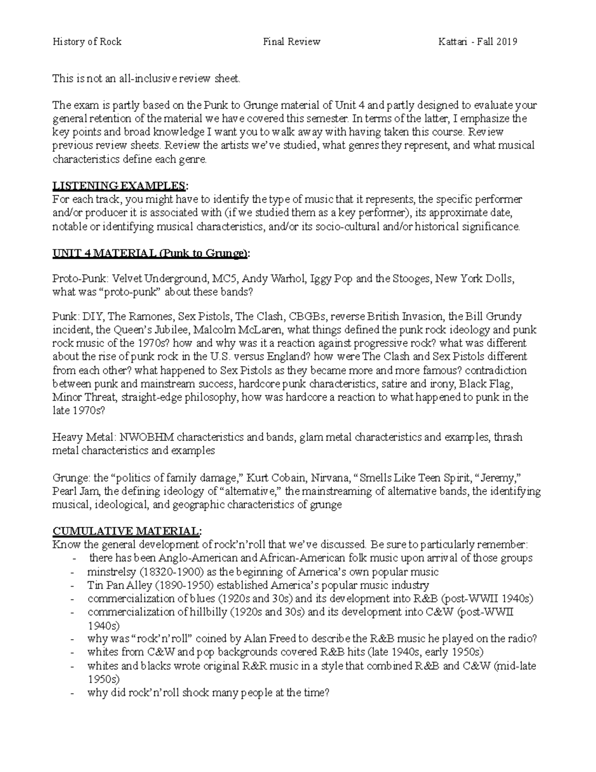 Final Review Sheet - History of Rock Final Review Kattari - Fall 2019 ...