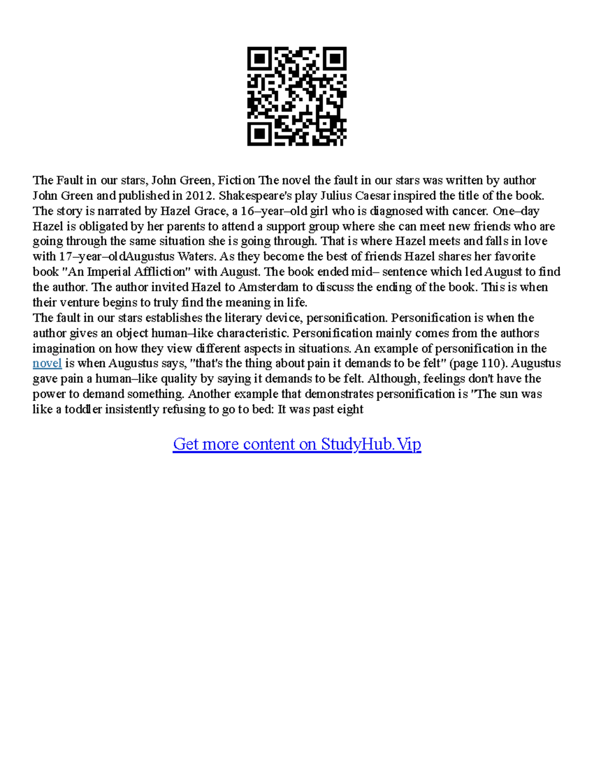 Personification Essay - The Fault in our stars, John Green, Fiction The ...