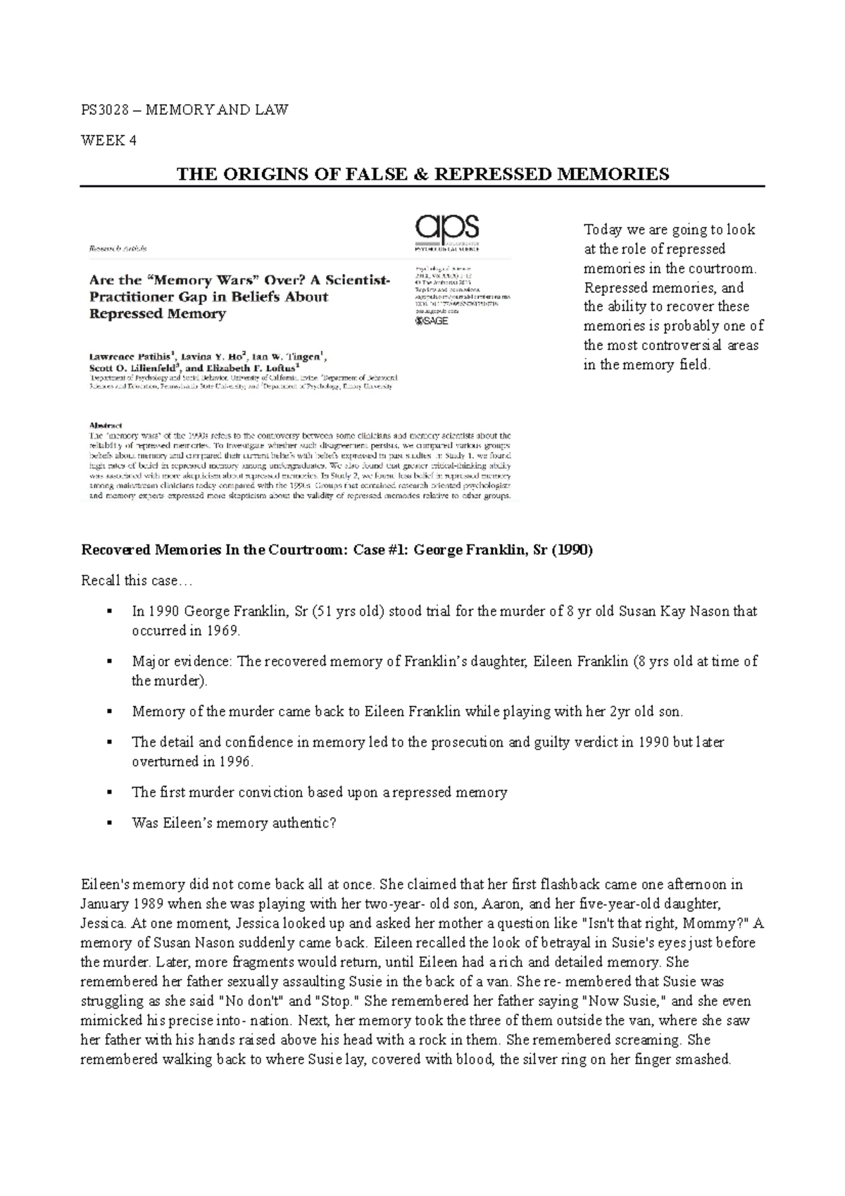 Recovering memory - PS3028 – MEMORY AND LAW WEEK 4 THE ORIGINS OF FALSE & REPRESSED MEMORIES ...