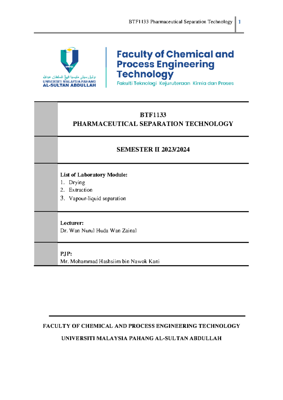Lab Manual PST - 1 BTF PHARMACEUTICAL SEPARATION TECHNOLOGY SEMESTER II ...