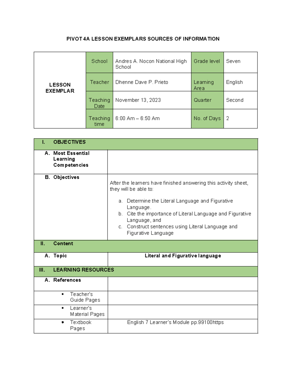 Literal and Figurative - PIVOT 4A LESSON EXEMPLARS SOURCES OF INFORMATION LESSON EXEMPLAR School ...