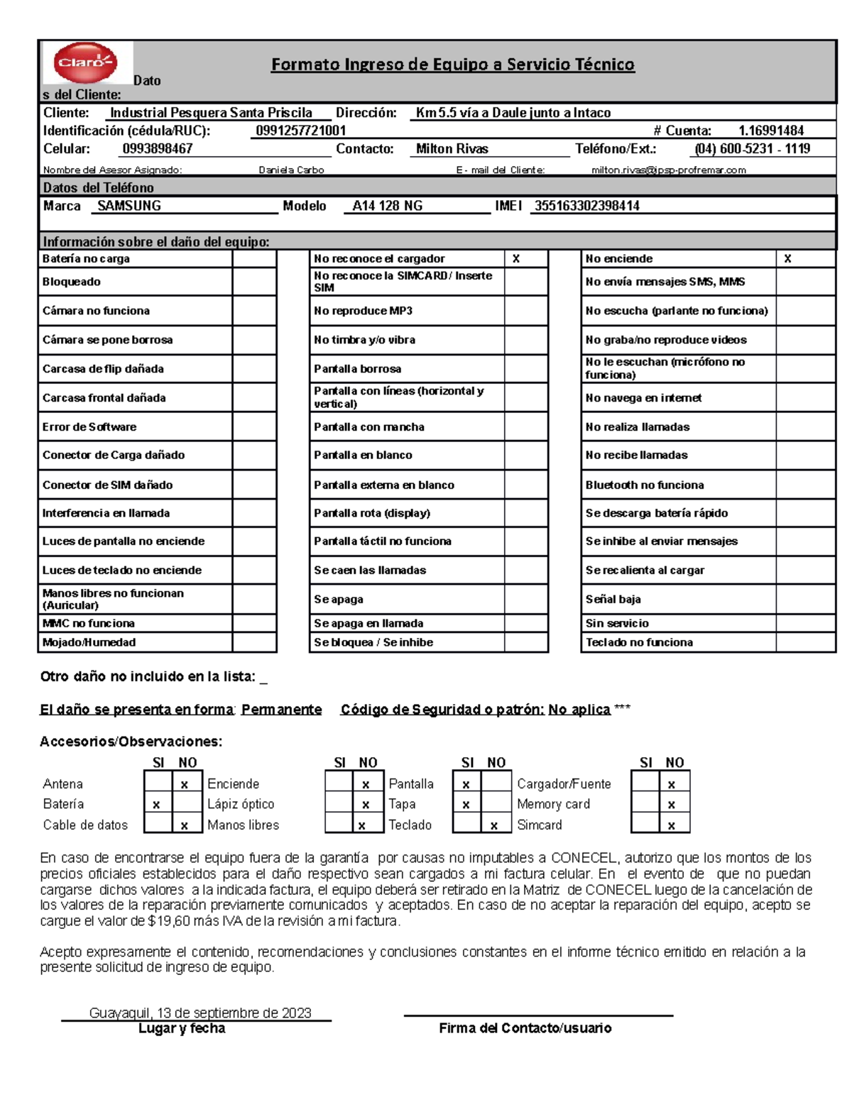 FORM 237 Servicio Técnico - Dato s del Cliente: Cliente: Industrial ...