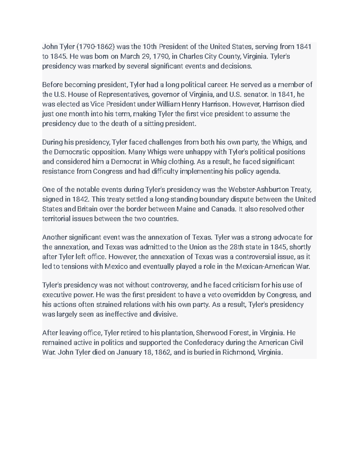 John Tyler - He was born on March 29, 1790, in Charles City County ...