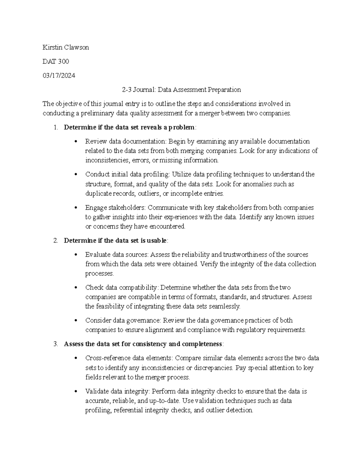 DAT 300 2-3 Journal Data Assessment Preparation - Kirstin Clawson DAT ...