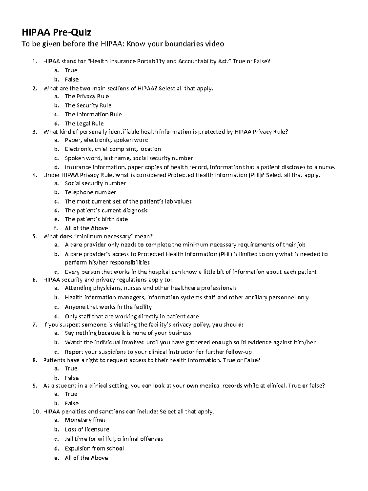 Hipaa Pre & Post Tests Together - HIPAA Pre-Quiz To be given before the ...