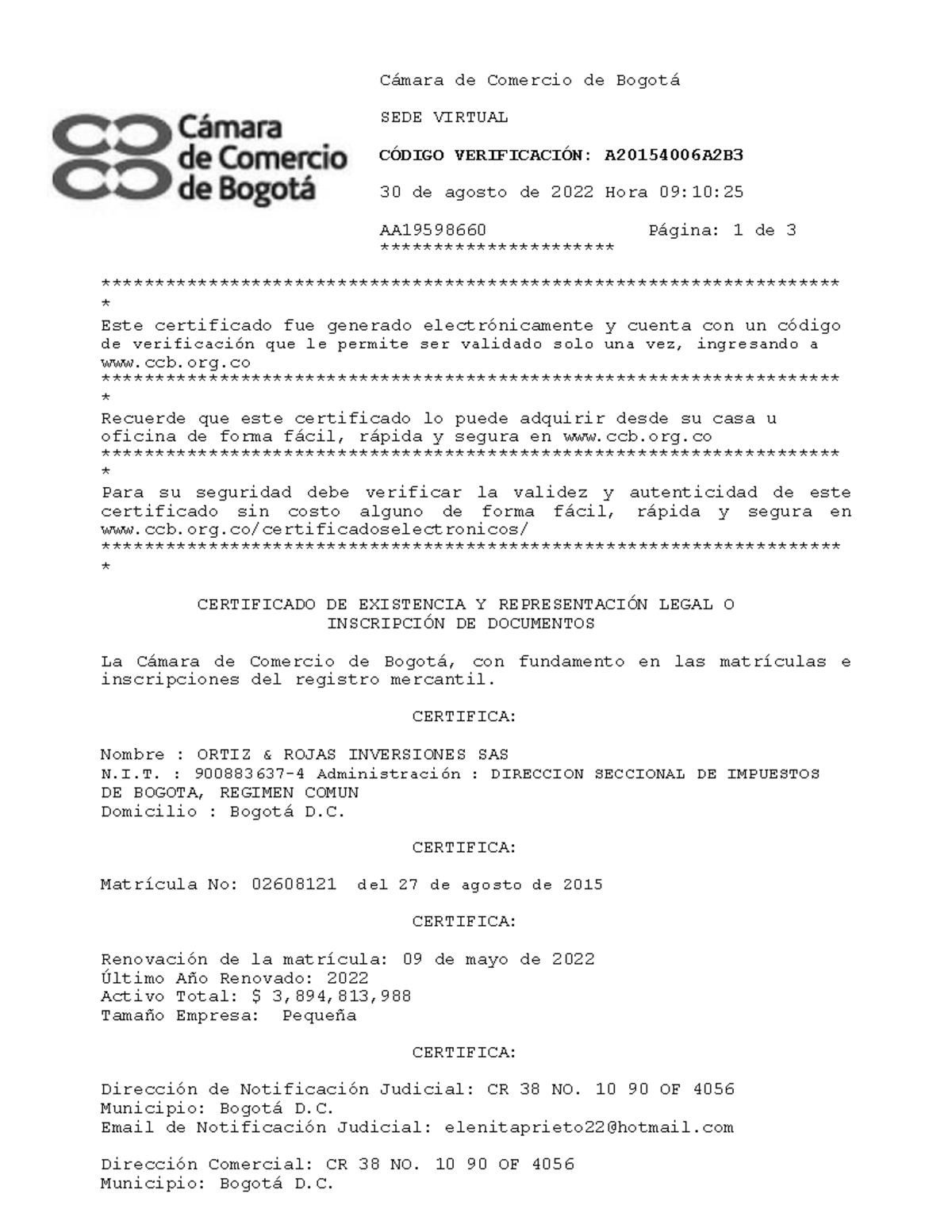 Camara 30 DE Agosto - CAR¡MARA DE COMERCIO - Cámara de Comercio de Bogotá SEDE VIRTUAL CÓDIGO ...