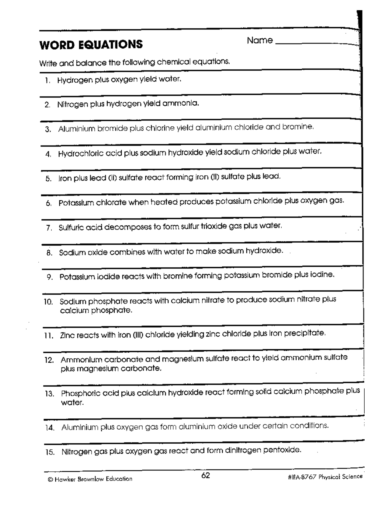 Word equations for chemical reactions - WORD EQUATIONS Name Write and ...
