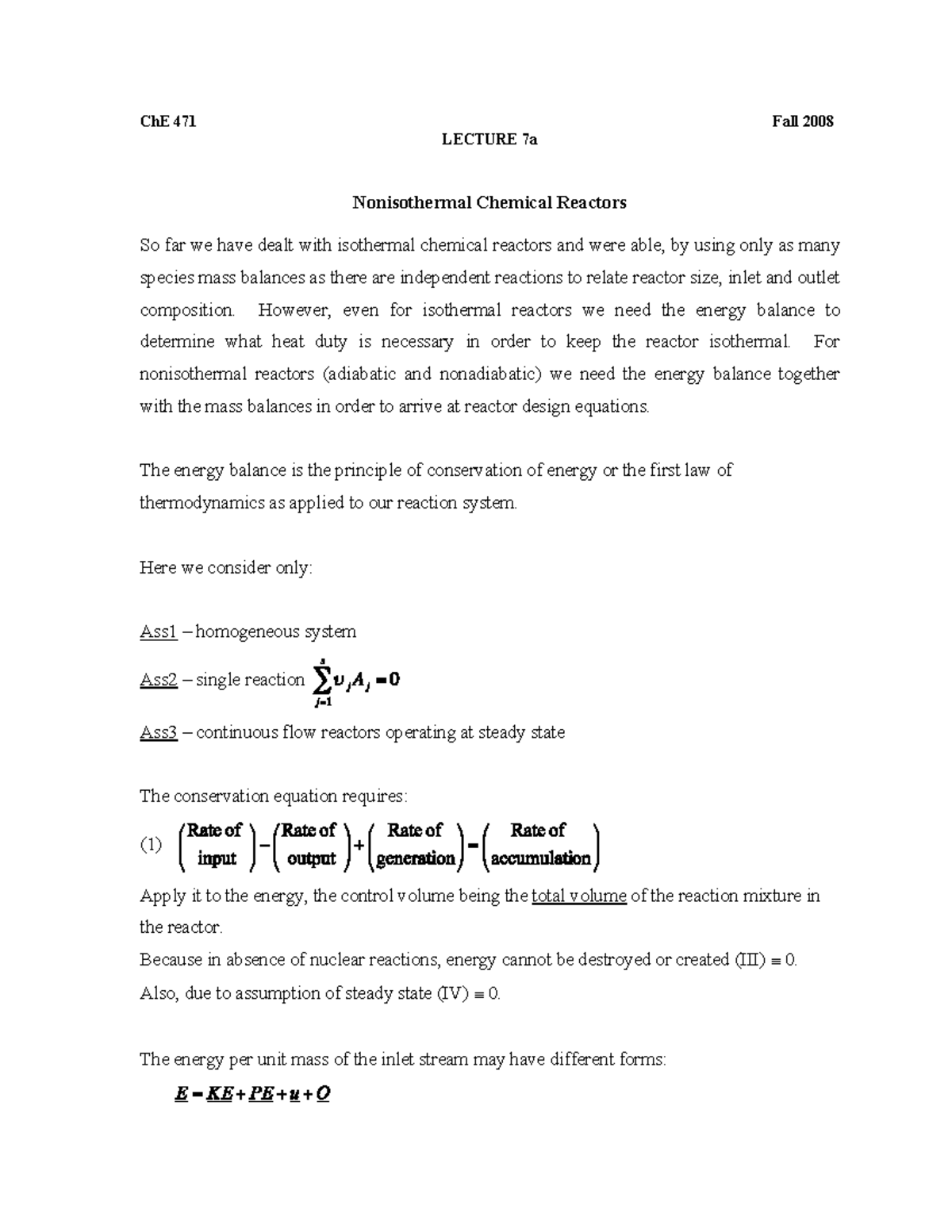 CHE471 2012-2013 Lecture 8 - Introduction to Energy Balance - ChE 471 ...