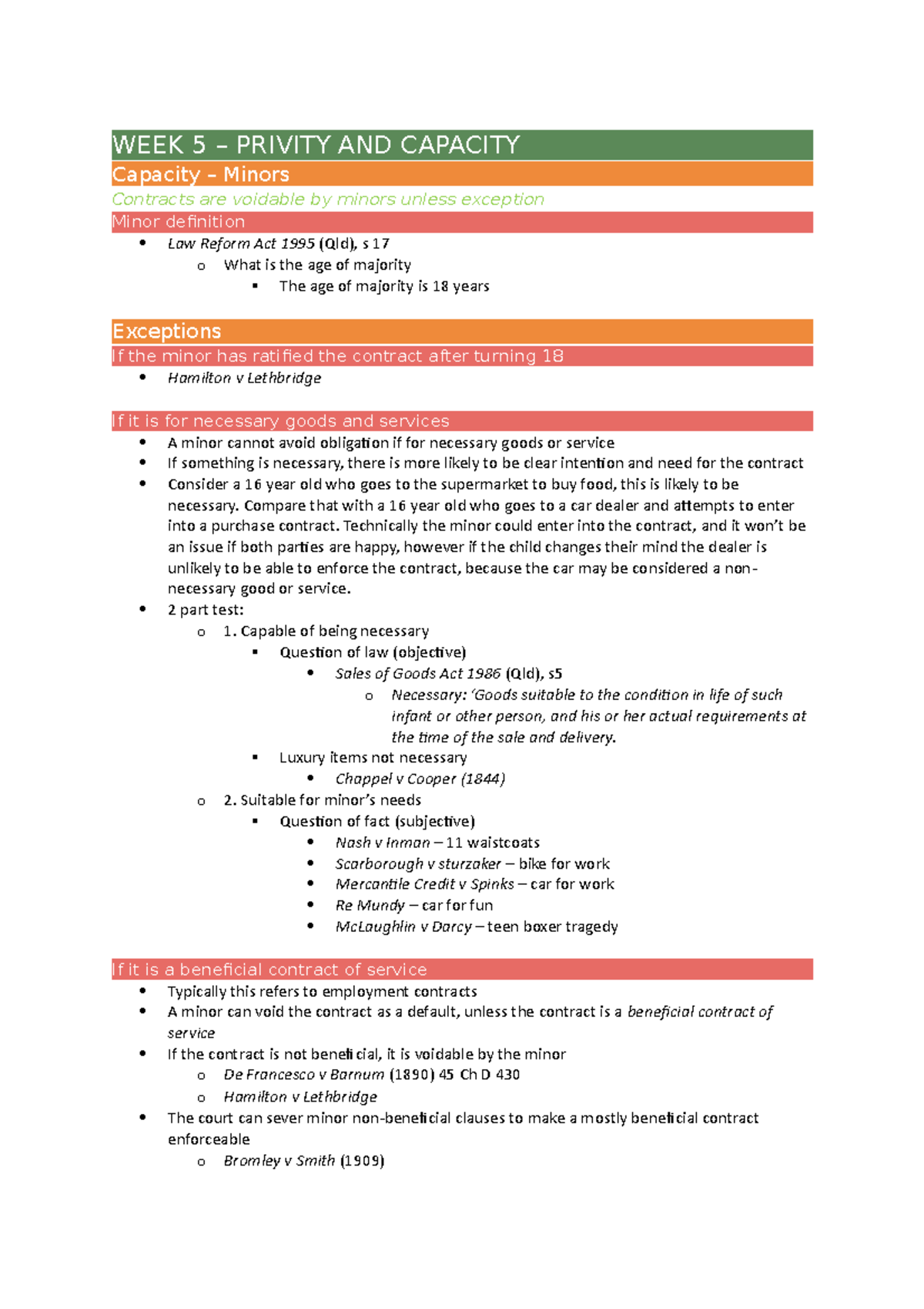 Privity and Capacity Notes - WEEK 5 – PRIVITY AND CAPACITY Capacity ...