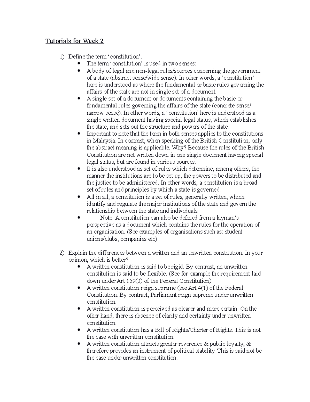 Tutorials for Week 2 - The term ‘constitution’ is used in two senses: A body of legal and - Studocu