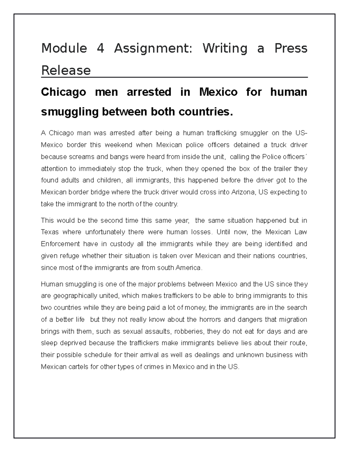 Module 4 Assignment - Module 4 Assignment: Writing a Press Release Chicago men arrested in ...