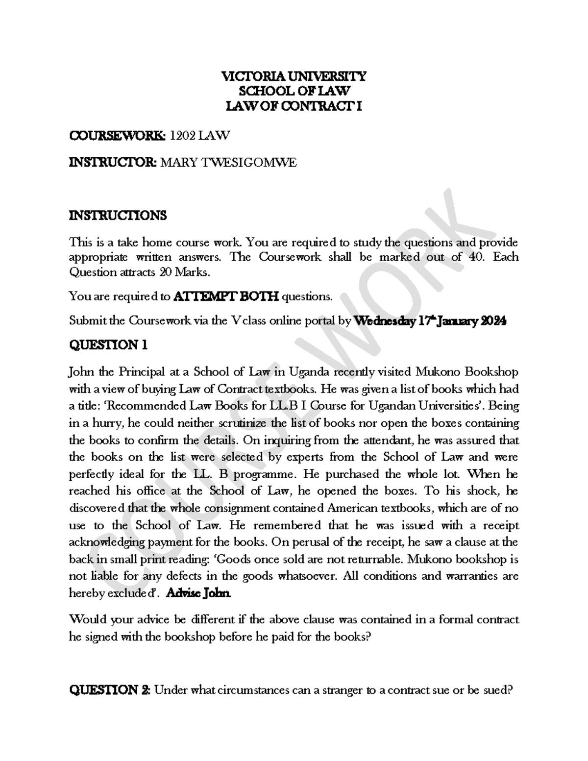 Course WORK Contract LAW 1 January 2024 - VICTORIA UNIVERSITY SCHOOL OF ...