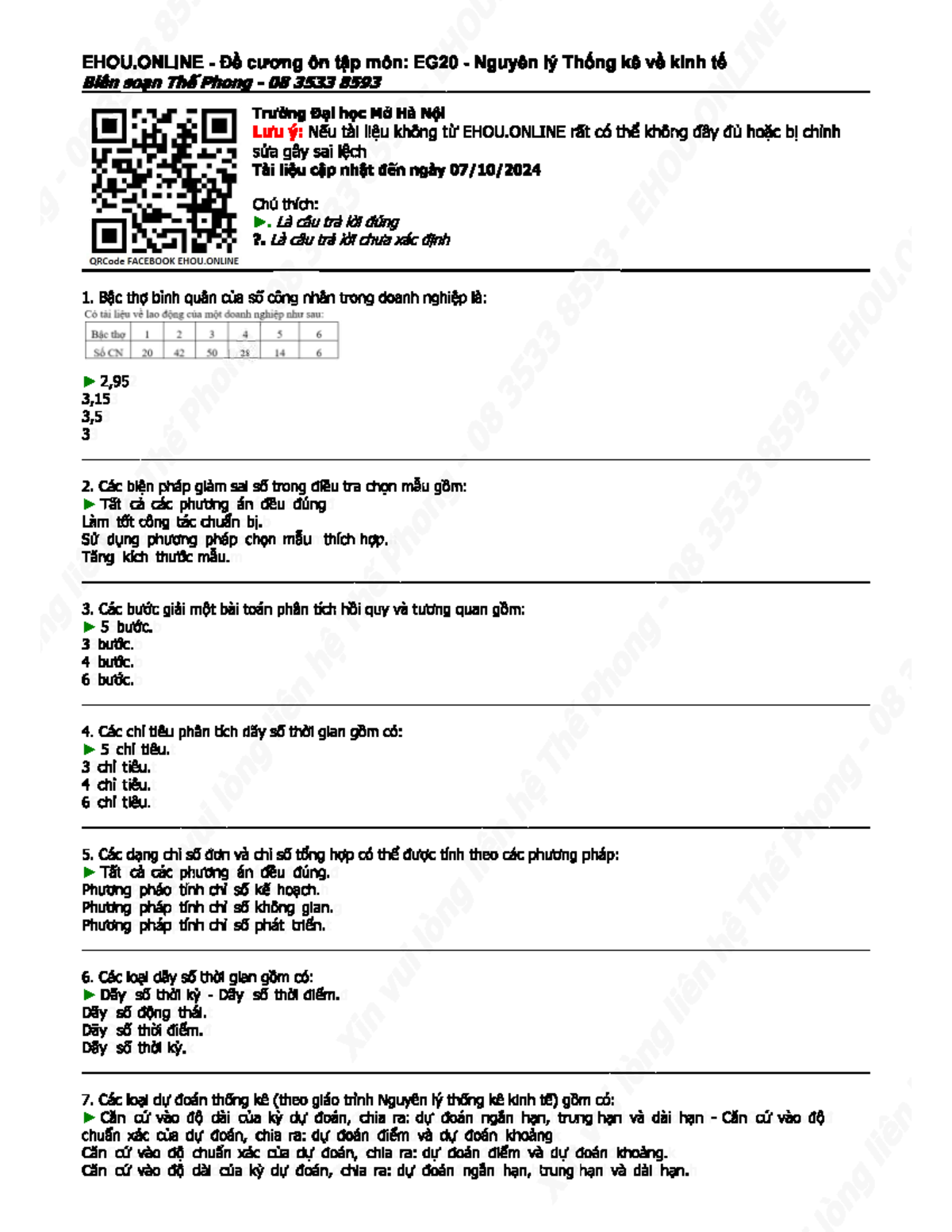 Nguyên lý thống kê về kinh tế - EHOU Dè cuong ôn tâp môn: EG20 Nguyên ly Thong kê vê kinh té ...