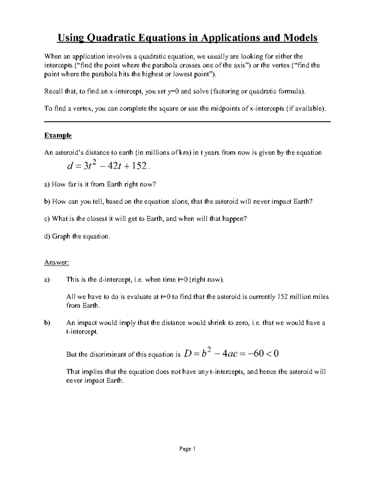 Notes - quadratic models - Using Quadratic Equations in Applications ...
