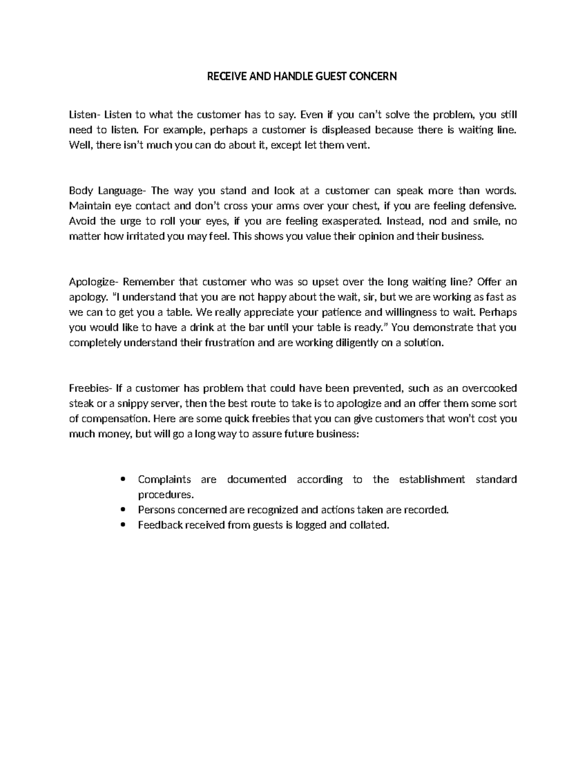 Handling guest concerns - RECEIVE AND HANDLE GUEST CONCERN Listen ...