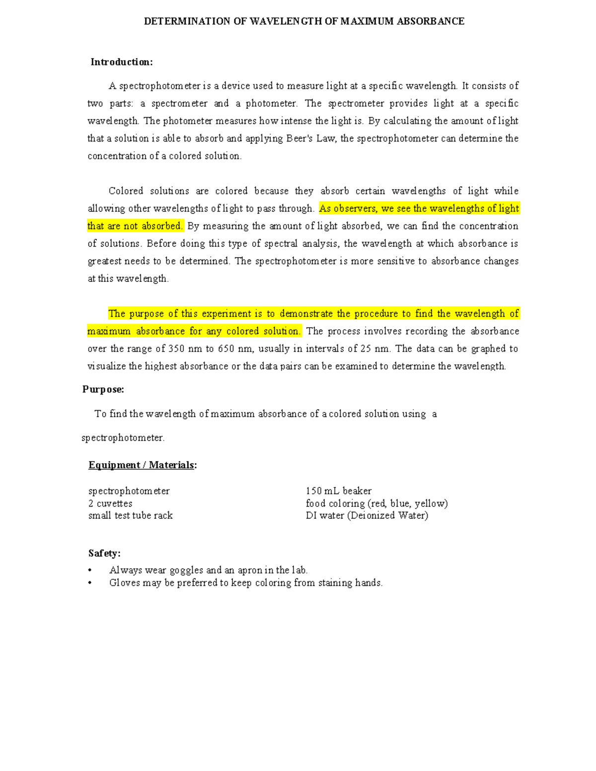 Experiment No.02 (Determination of Max Wavelength) - DETERMINATION OF ...