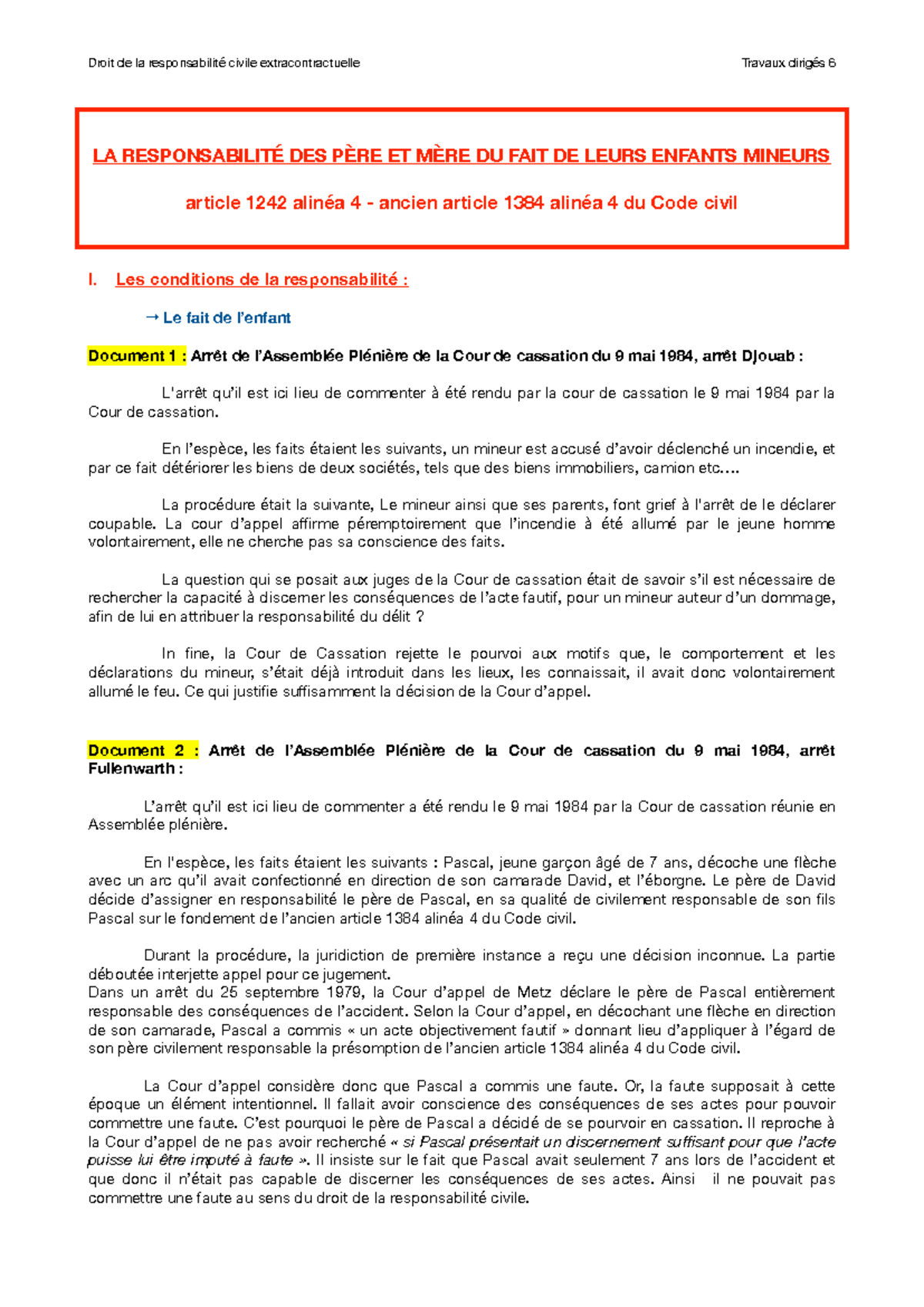 TD 6 - cours - LA RESPONSABILITÉ DES PÈRE ET MÈRE DU FAIT DE LEURS ...