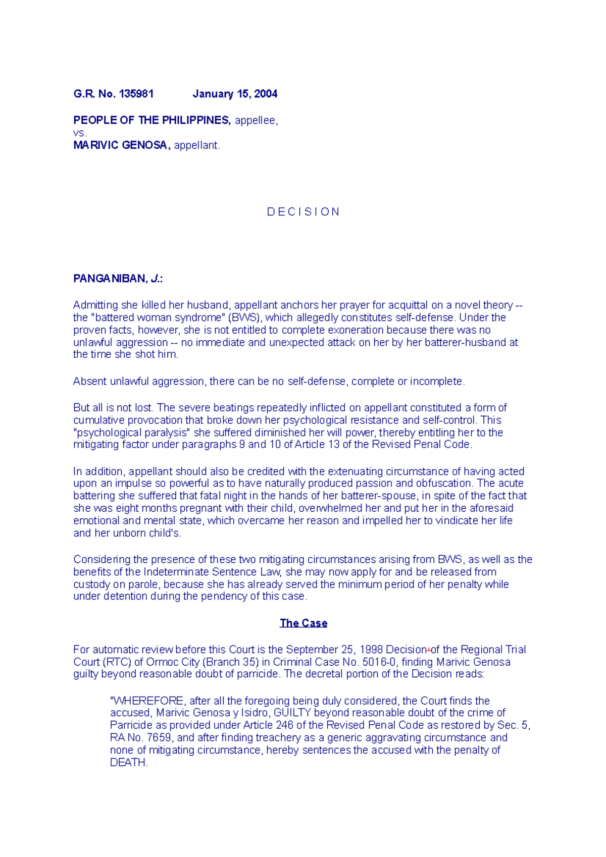 PP vs Genosa - Full Case Only, no digest - G. No. 135981 January 15 ...