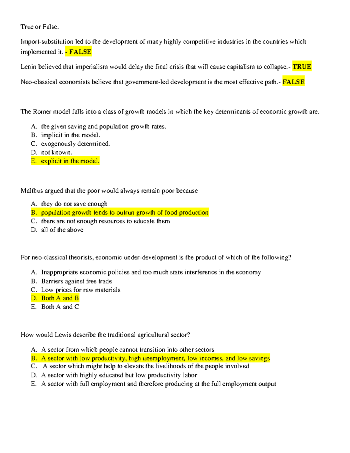Ecodev - Economic Development Midterm - True or False. Import-substitution led to the ...