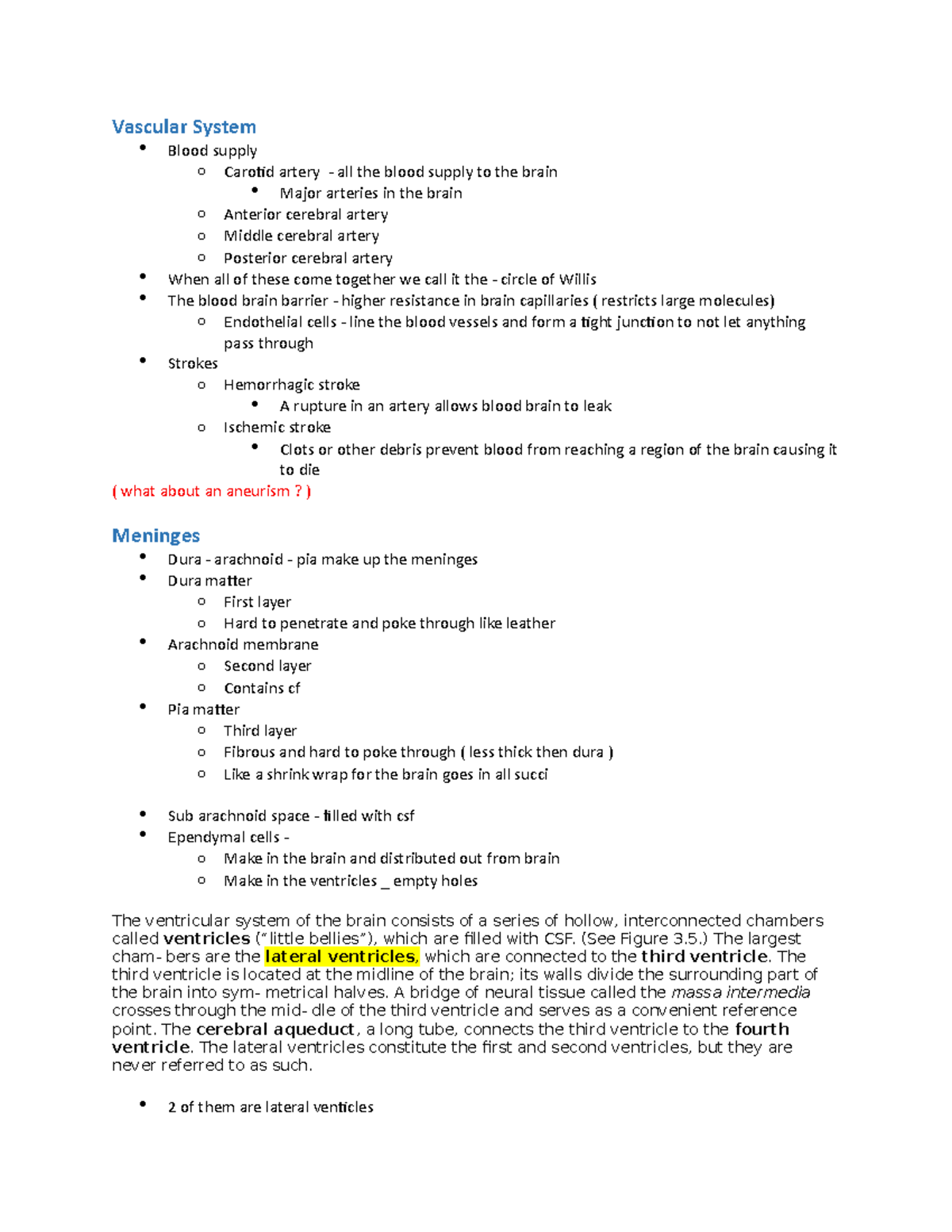 Neuro lecture vasular - notes from class - Vascular System Blood supply ...