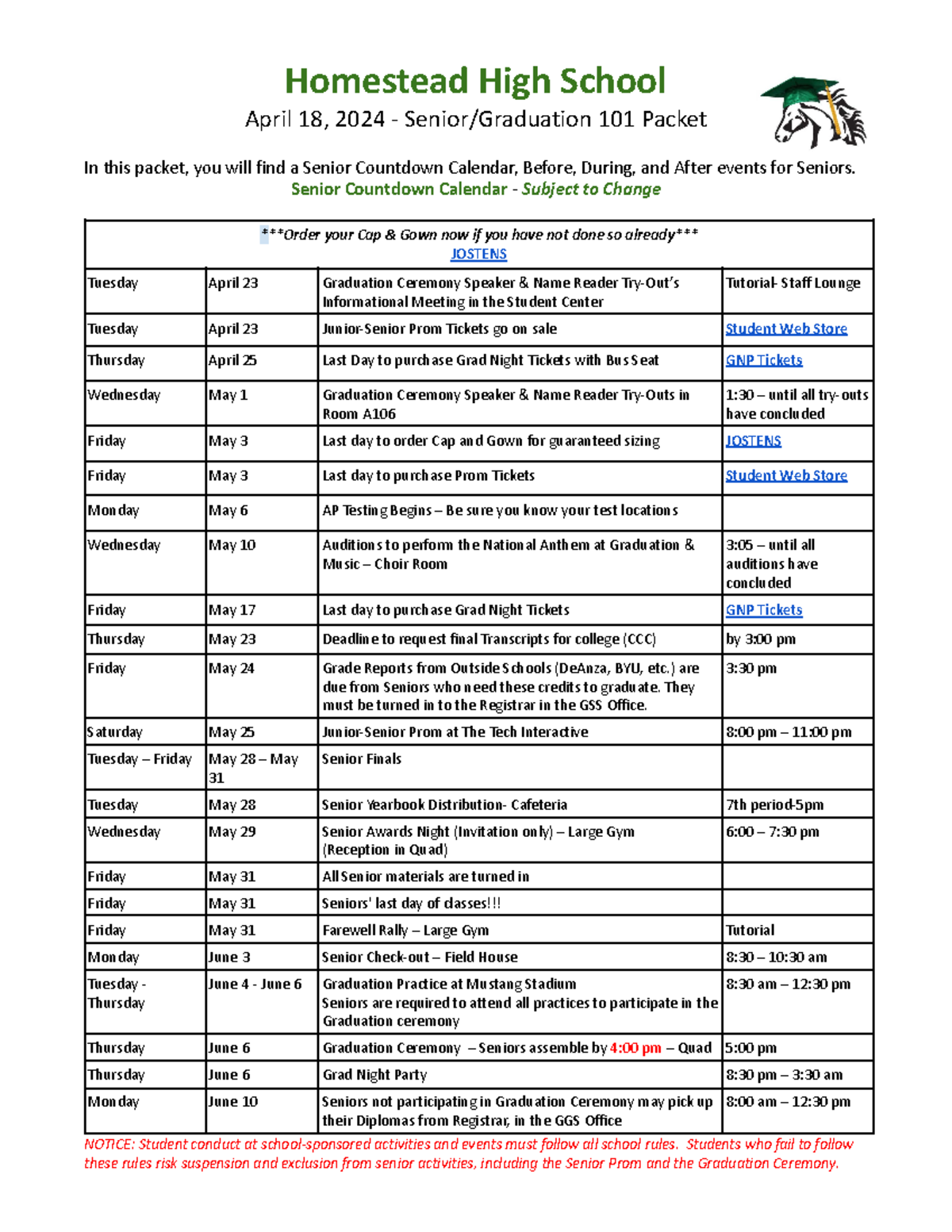 Senior Graduation 101 Packet - Class of 2024 - Homestead High School ...