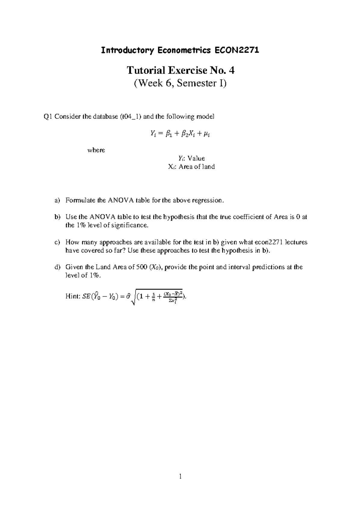 Answer Guide Tutorial Exercise 4 1 Introductory Econometrics Econ