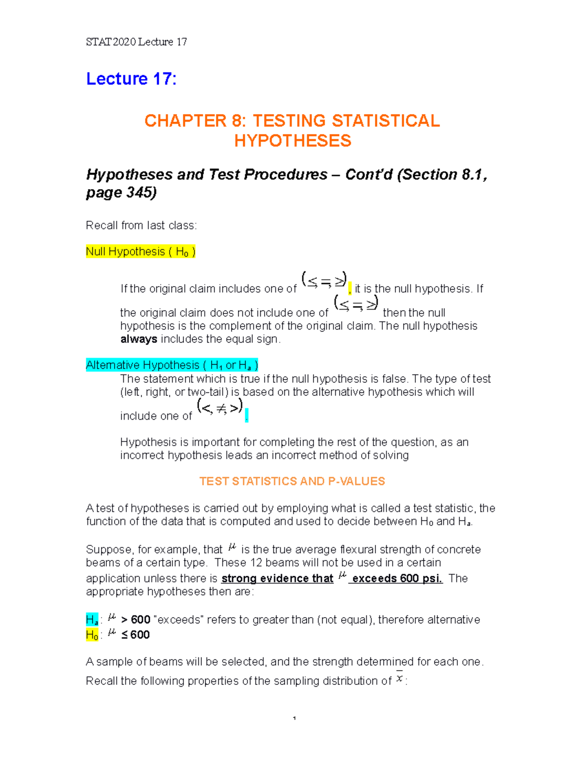Lec17 - Notes with examples - Lecture 17: CHAPTER 8: TESTING ...