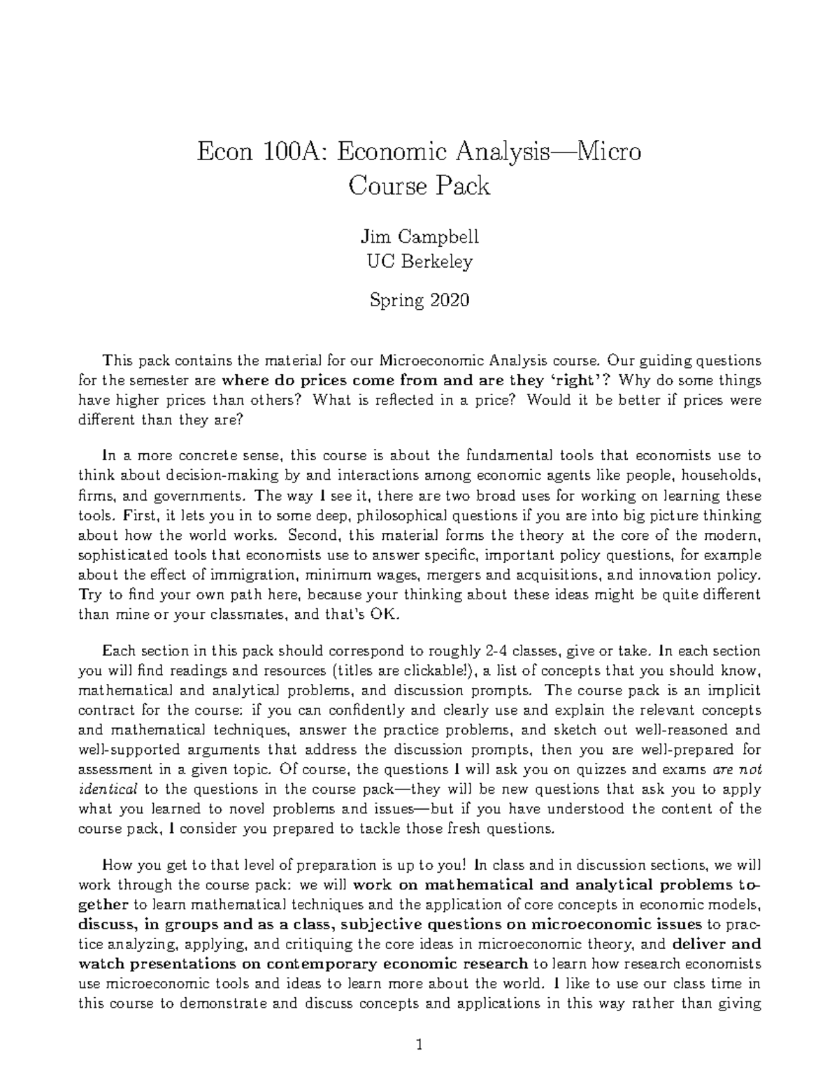 Econ 100A Course Pack Spring 2021 - Econ 100A: Economic Analysis—Micro Course Pack Jim Campbell ...