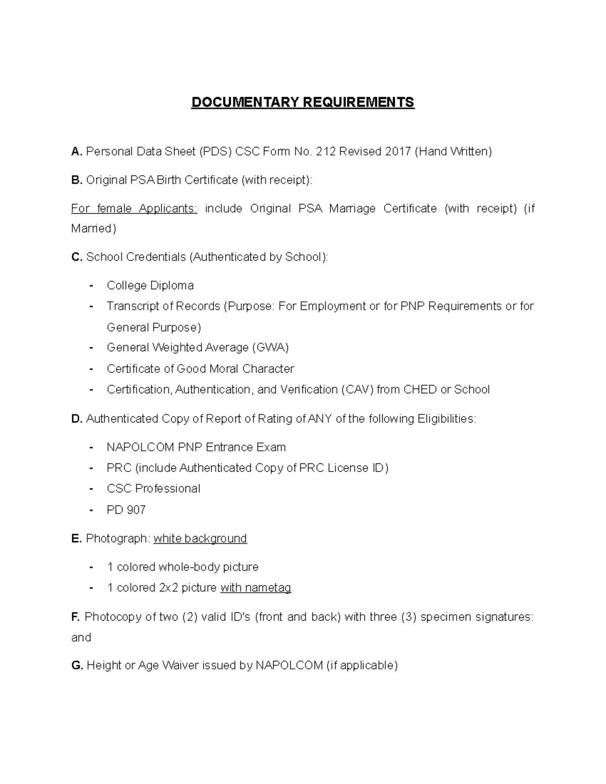 Documentary Requirements - DOCUMENTARY REQUIREMENTS A. Personal Data ...